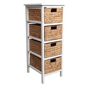 HAPPIMESS Cohen Coastal Bohemian Handcrafted Acacia Wood 4-tier Storage Cabinet With 4 Water Hyacinth Woven Baskets - White