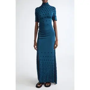 Rabanne Flocked Dot Cutout Jersey Gown