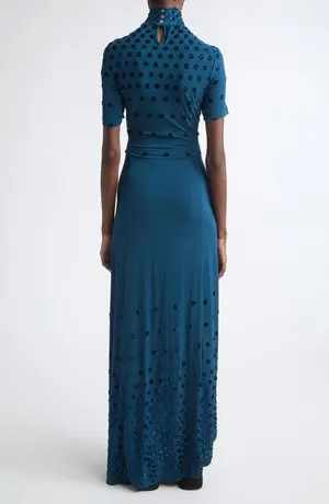 Rabanne Flocked Dot Cutout Jersey Gown
