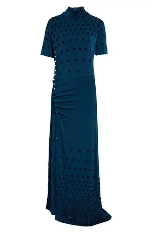 Rabanne Flocked Dot Cutout Jersey Gown