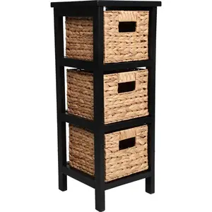 HAPPIMESS Cohen Coastal Handcrafted Pine Wood 3-tier Storage Cabinet With 3 Water Hyacinth Woven Baskets - Black