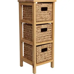 HAPPIMESS Cohen Coastal Handcrafted Pine Wood 3-tier Storage Cabinet With 3 Water Hyacinth Woven Baskets - Natural