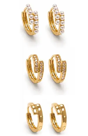 LA MENO Set Of 3 18k Plated Huggie Hoop Earrings - Gold