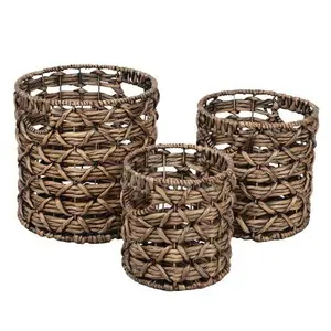 HAPPIMESS Lattice Bohemian Coastal Handwoven Water Hyacinth Rope Nesting Baskets With Handles - Brown