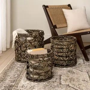 HAPPIMESS Lattice Bohemian Coastal Handwoven Water Hyacinth Rope Nesting Baskets With Handles - Brown