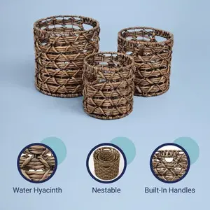HAPPIMESS Lattice Bohemian Coastal Handwoven Water Hyacinth Rope Nesting Baskets With Handles - Brown