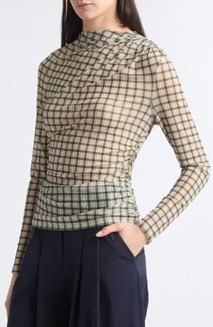 Veronica Beard Nuwina Check Ruched Top