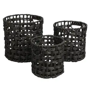 HAPPIMESS Lasuna Coastal Bohemian Water Hyacinth Handwoven Checker Weave Nesting Baskets With Handles - Black