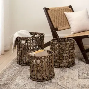 HAPPIMESS Lasuna Coastal Bohemian Water Hyacinth Handwoven Checker Weave Nesting Baskets With Handles - Brown