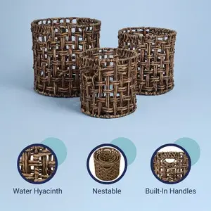 HAPPIMESS Lasuna Coastal Bohemian Water Hyacinth Handwoven Checker Weave Nesting Baskets With Handles - Brown