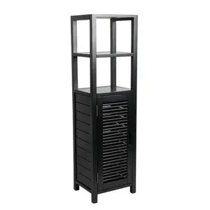 HAPPIMESS Solstice Handcrafted Pine Wood Bathroom Freestanding Floor Storage Cabinet With Louvered Door And 3-tier Open Shelves - Black