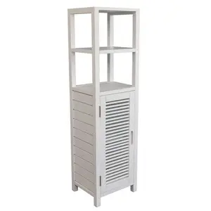HAPPIMESS Solstice Handcrafted Pine Wood Bathroom Freestanding Floor Storage Cabinet With Louvered Door And 3-tier Open Shelves - White