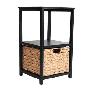 HAPPIMESS Cohen Coastal Bohemian Handcrafted Acacia Wood 2-tier Storage Cabinet With 1 Water Hyacinth Woven Basket - Black