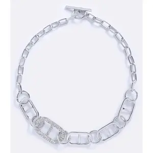 EMMA PILLS Plated Chain Link Necklace With Crystal Embellished Charm - Silver