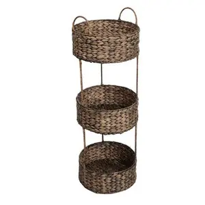 HAPPIMESS Levity Coastal Handwoven Water Hyacinth 3-tier Round Freestanding Storage Rack With Metal Frame And Handles - Brown