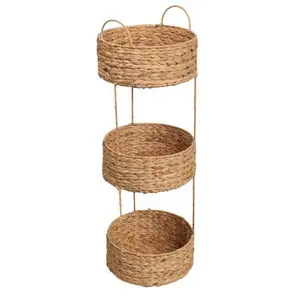 HAPPIMESS Levity Coastal Handwoven Water Hyacinth 3-tier Round Freestanding Storage Rack With Metal Frame And Handles - Natural