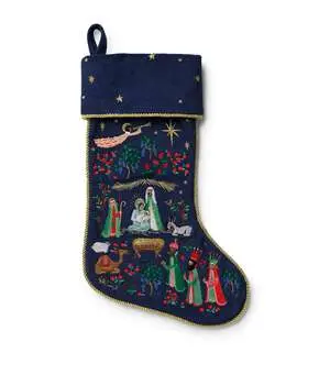 RIFLE PAPER CO. Embroidered Nativity Scene Stocking - Blue