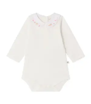 Bonpoint Organic Cotton Embroidered Cygne Bodysuit - White