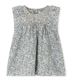 Bonpoint Cotton Floral Print Smocked Dress - Navy