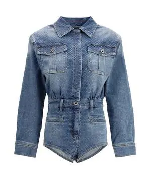 SELF-PORTRAIT Embellished Denim Shirt Romper With Belt - Blue