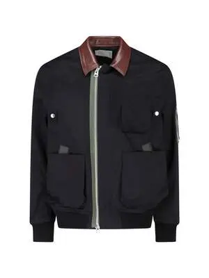 Sacai Leather Collar Zip Front Utility Bomber Jacket