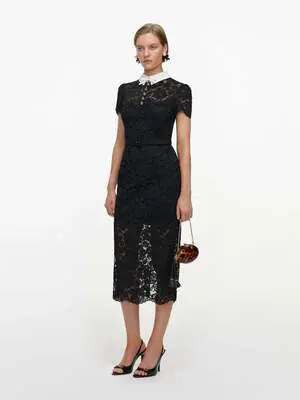 SELF-PORTRAIT Lace Midi Dress With Contrasting Collar And Embellished Buttons - Nero
