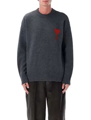 AMI Paris Wool Crewneck Sweater With Of Coeur Chest Intarsia - Grigio