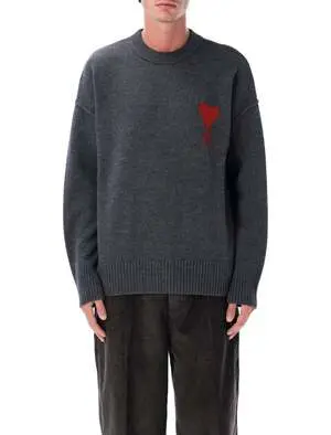AMI Paris Wool Crewneck Sweater With Of Coeur Chest Intarsia - Grigio