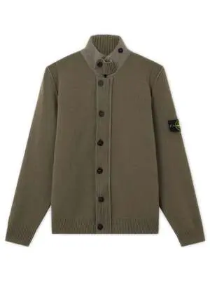 Stone Island Ribbed Wool Knit Stand-up Collar Zip Sweater With Felt Trim - Verde