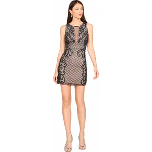 LARA NEW YORK Beaded Illusion Neckline Cocktail Dress - Navy