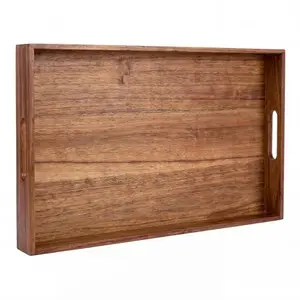HAPPIMESS Soren W Handcrafted Large Acacia Wood Rectangular Serving Tray With Handles - Brown