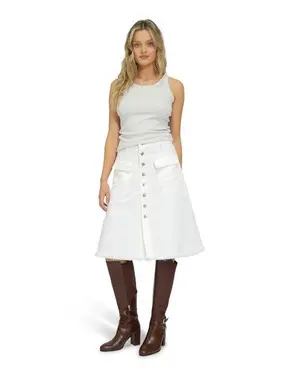 BELLE & BLOOM Let Me Wander Button Front Denim Midi Skirt - White