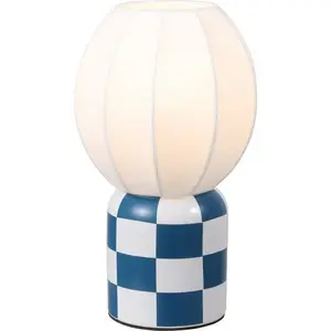 JONATHAN Y Valarie Contemporary Modern Checkerboard Ceramic With Ribbed Cocoon Globe Shade Led Mini Table Lamp - Navy/white