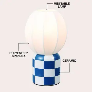JONATHAN Y Valarie Contemporary Modern Checkerboard Ceramic With Ribbed Cocoon Globe Shade Led Mini Table Lamp - Navy/white