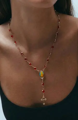 THE M JEWELERS The M Jeweler's 18k Gold Plated Rosary Necklace With Religious Icon Pendant And Cross Charm - Gold/red