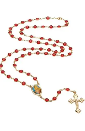 THE M JEWELERS The M Jeweler's 18k Gold Plated Rosary Necklace With Religious Icon Pendant And Cross Charm - Gold/red