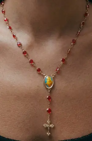 THE M JEWELERS The M Jeweler's 18k Gold Plated Rosary Necklace With Religious Icon Pendant And Cross Charm - Gold/red