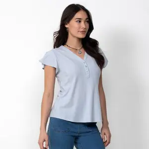 SINGLE STITCH Flutter Sleeve Henley - Soft Blue