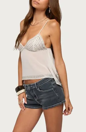 EDIKTED Studded Asymmetric Sheer Babydoll Top