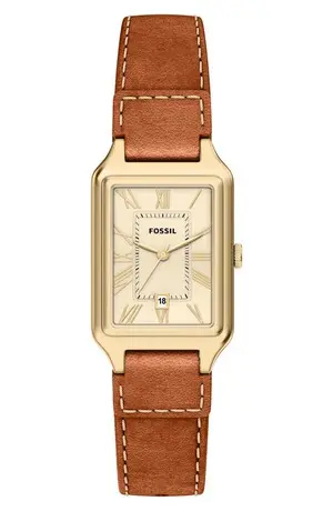 Fossil Raquel Rectangular Leather Strap Watch - Gold/tan