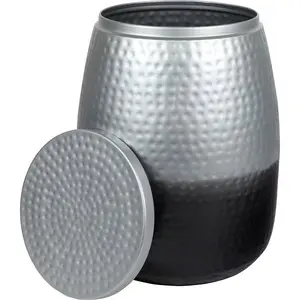HAPPIMESS Merida Modern Rustic Hammered Metal Drum Storage Side Table With Lid - Silver/black