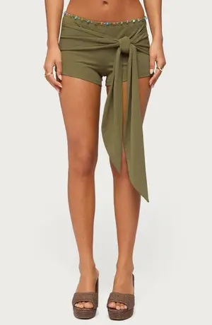 EDIKTED Monroah Beaded Low Rise Tie Waist Shorts - Olive
