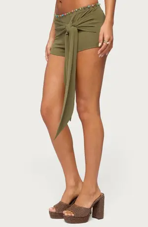 EDIKTED Monroah Beaded Low Rise Tie Waist Shorts