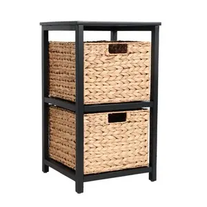 HAPPIMESS Cohen Coastal Bohemian Handcrafted Acacia Wood 2-tier Storage Cabinet With 2 Water Hyacinth Woven Baskets - Black