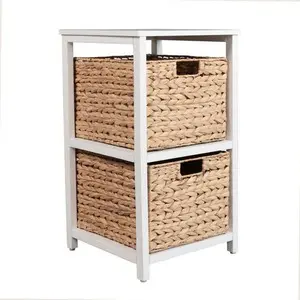 HAPPIMESS Cohen Coastal Bohemian Handcrafted Acacia Wood 2-tier Storage Cabinet With 2 Water Hyacinth Woven Baskets - White