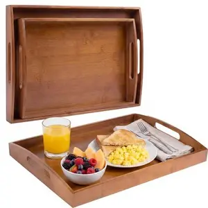HAPPIMESS Elora Set Of 2 Handcrafted Nesting Serving Trays With Handles - Brown