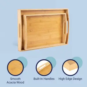 HAPPIMESS Elora Set Of 2 Handcrafted Nesting Serving Trays With Handles - Natural