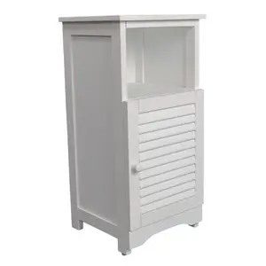 HAPPIMESS Serene Handcrafted Acacia Wood Bathroom Freestanding Floor Storage Cabinet With Louvered Door And Open Shelf - White