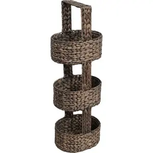 HAPPIMESS Riverbend Coastal Handwoven Water Hyacinth 3-tier Round Basket Freestanding Storage Tower Stand With Top Handle - Brown