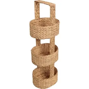 HAPPIMESS Riverbend Coastal Handwoven Water Hyacinth 3-tier Round Basket Freestanding Storage Tower Stand With Top Handle - Natural